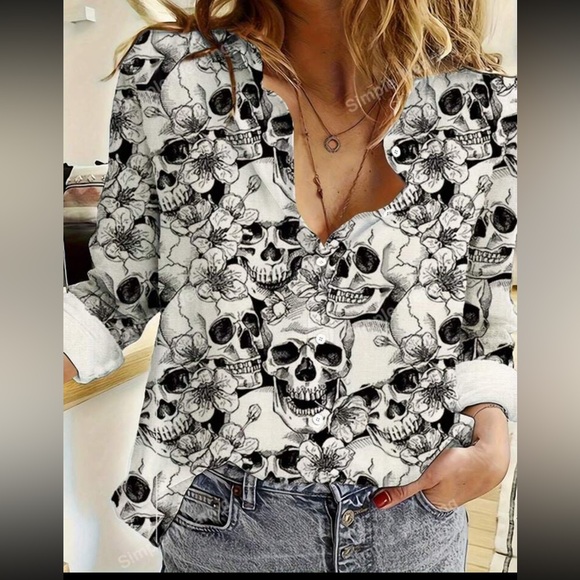 Tops | Skull Print Button Front Blouse | Poshmark